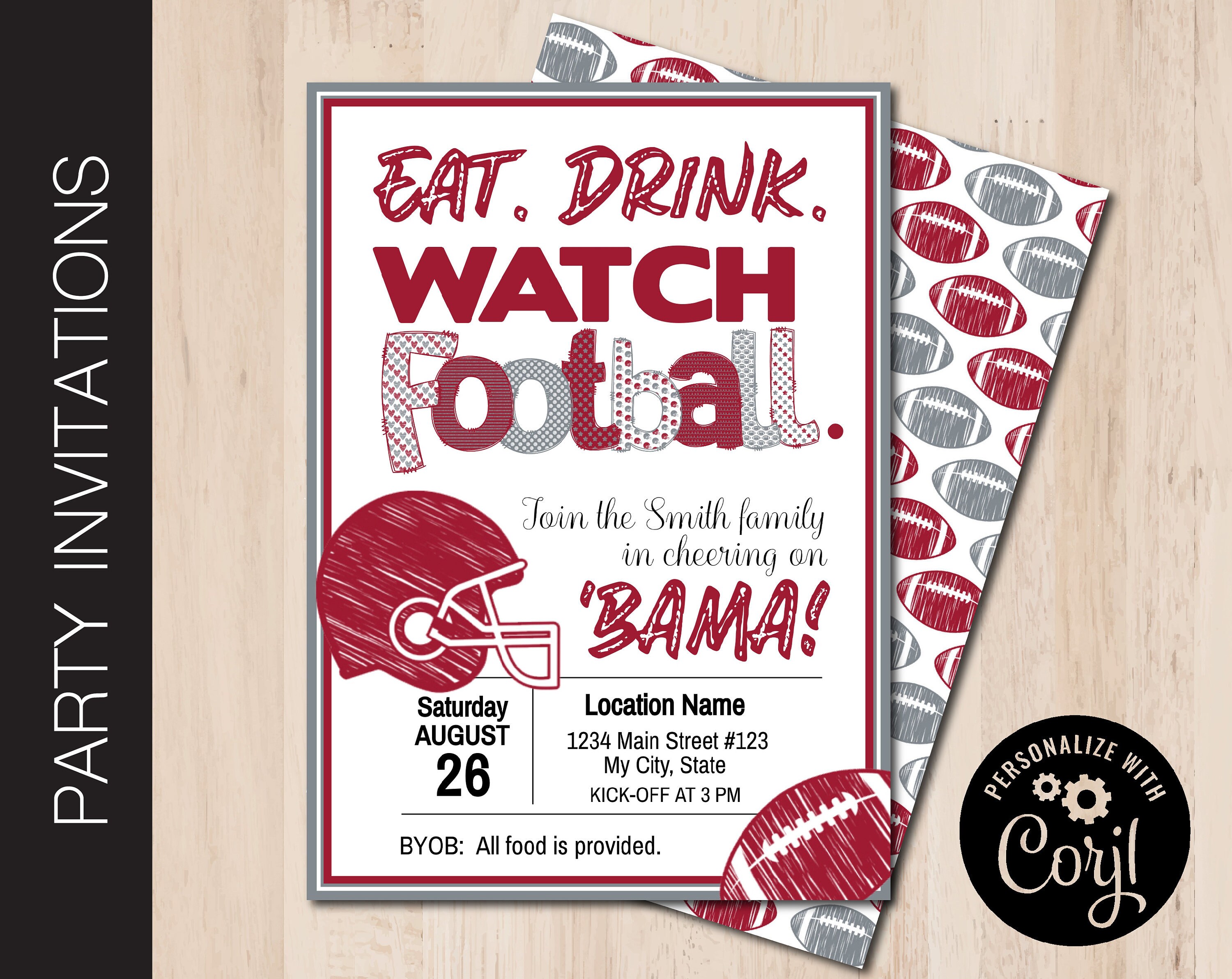 Editable FOOTBALL WATCH Party Invitation Crimson & Gray Colors Game Day ...