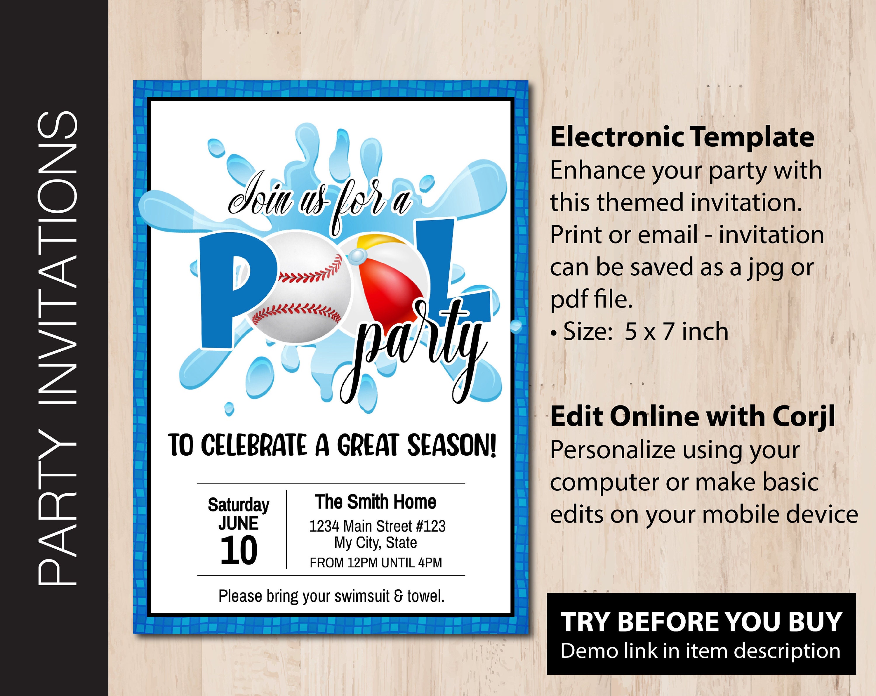 Editable BASEBALL Themed Pool Party Invitation | Baseball Party Invite ...