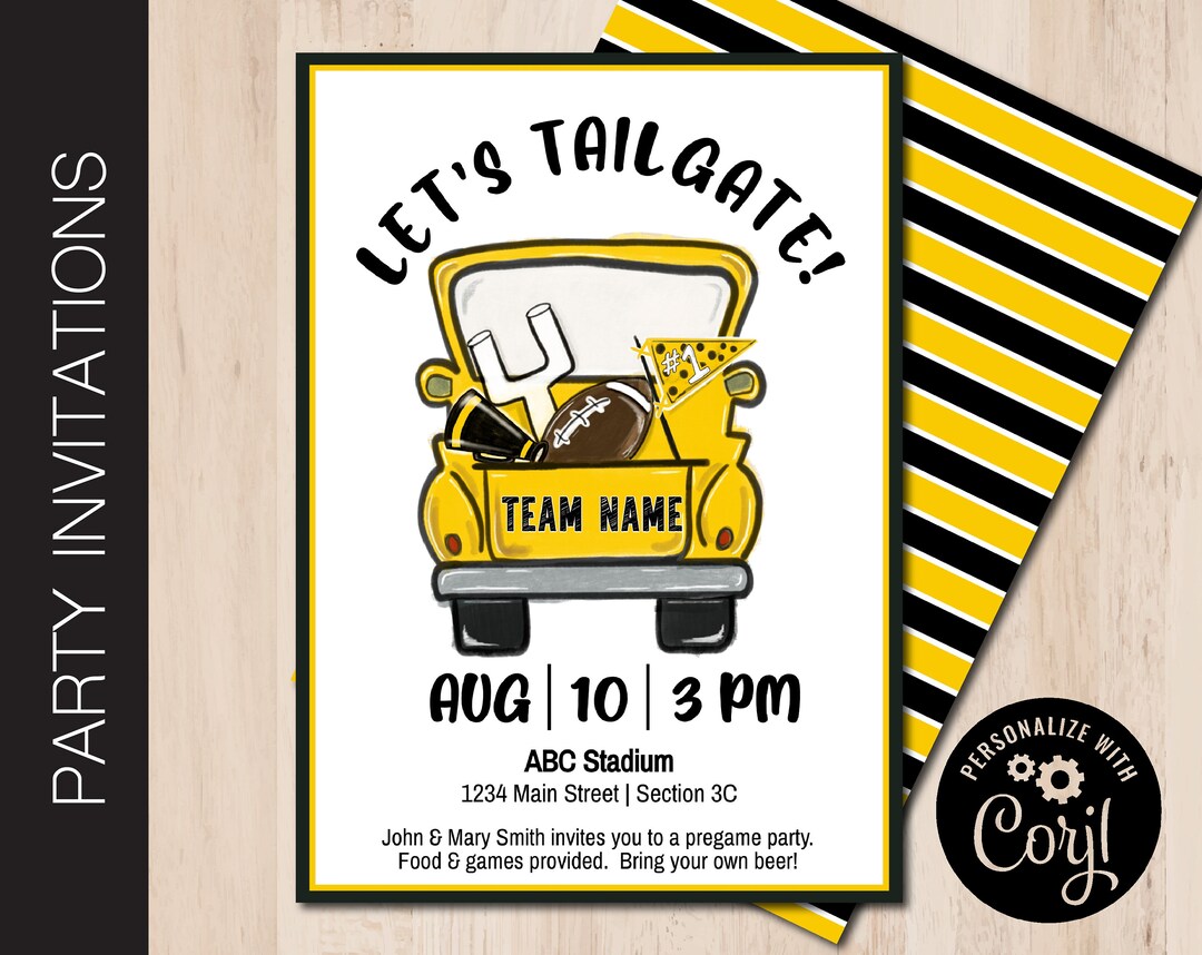 Editable TAILGATE Party Invitation Game Day Football Invite Gold Black ...