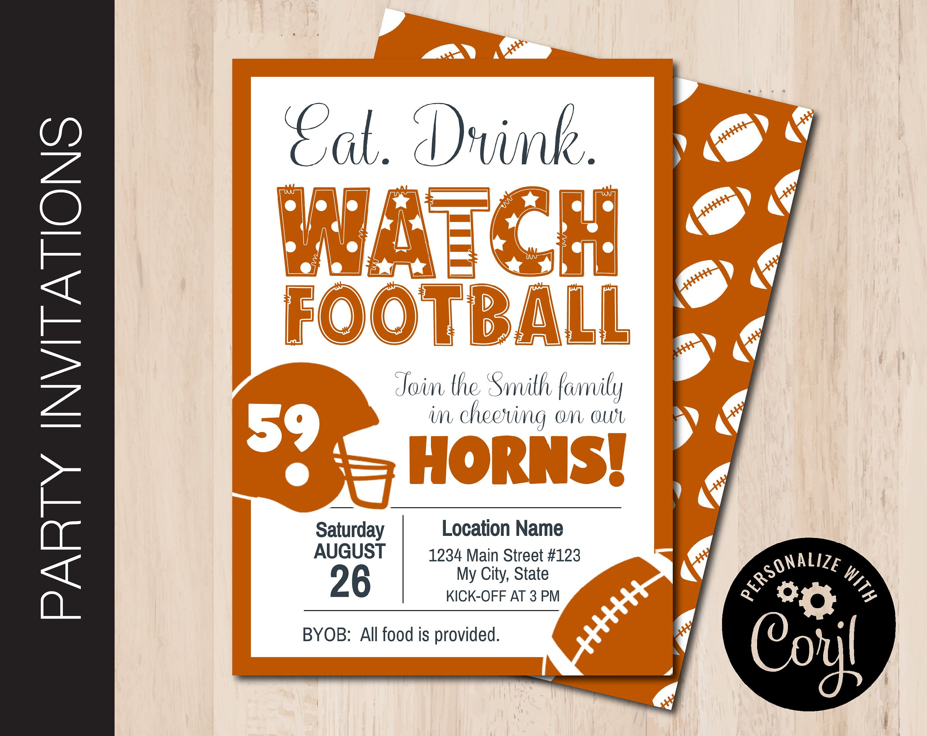 Editable FOOTBALL WATCH Party Invitation | Burnt Orange & Dark Gray ...