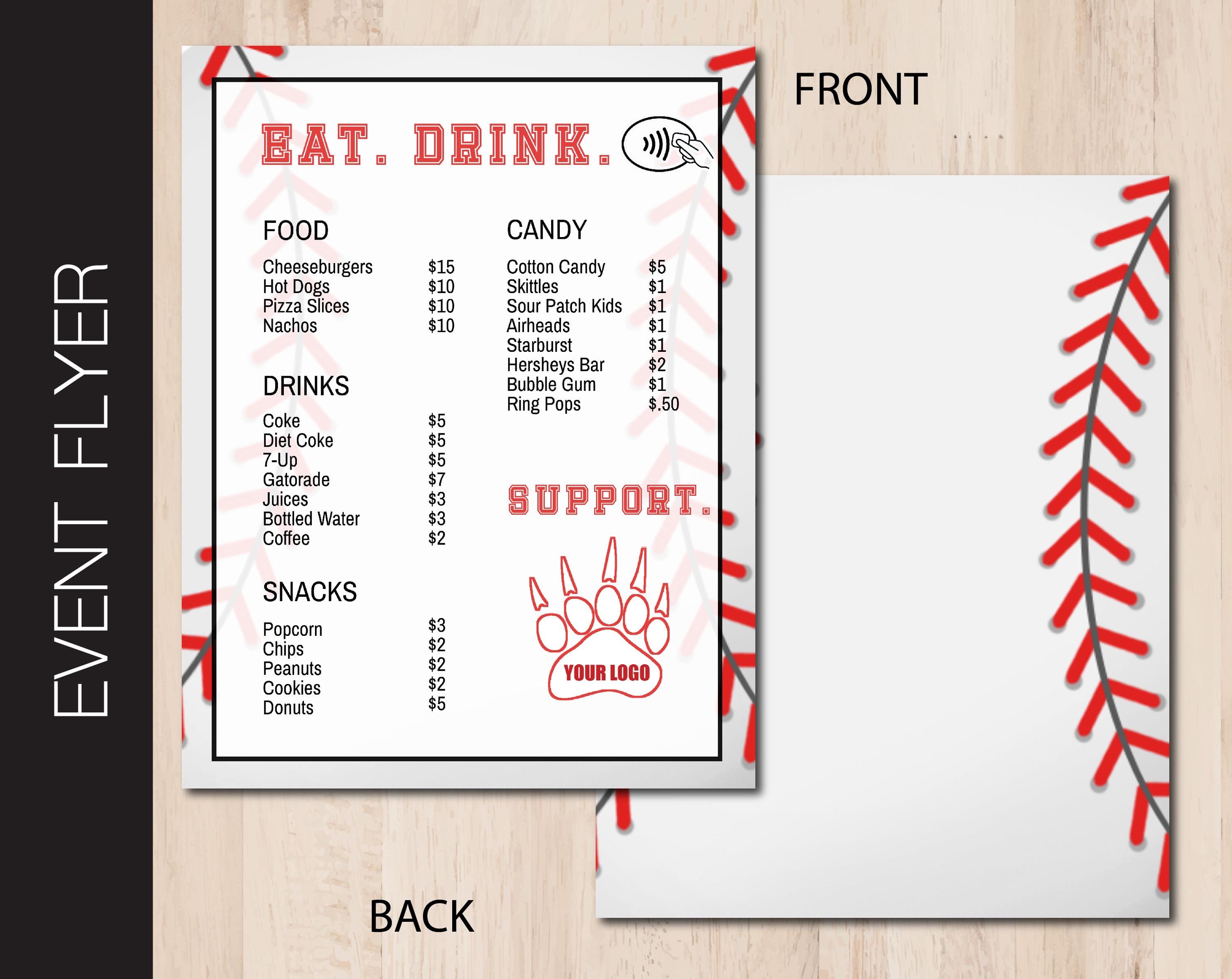 Editable Baseball Concessions Stand Flyer | Snack Stand Menu | Food ...