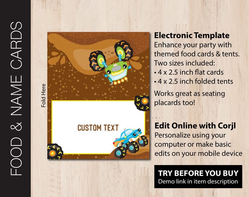 Editable MONSTER TRUCK Party Food Label Tents | Party Food Placards ...