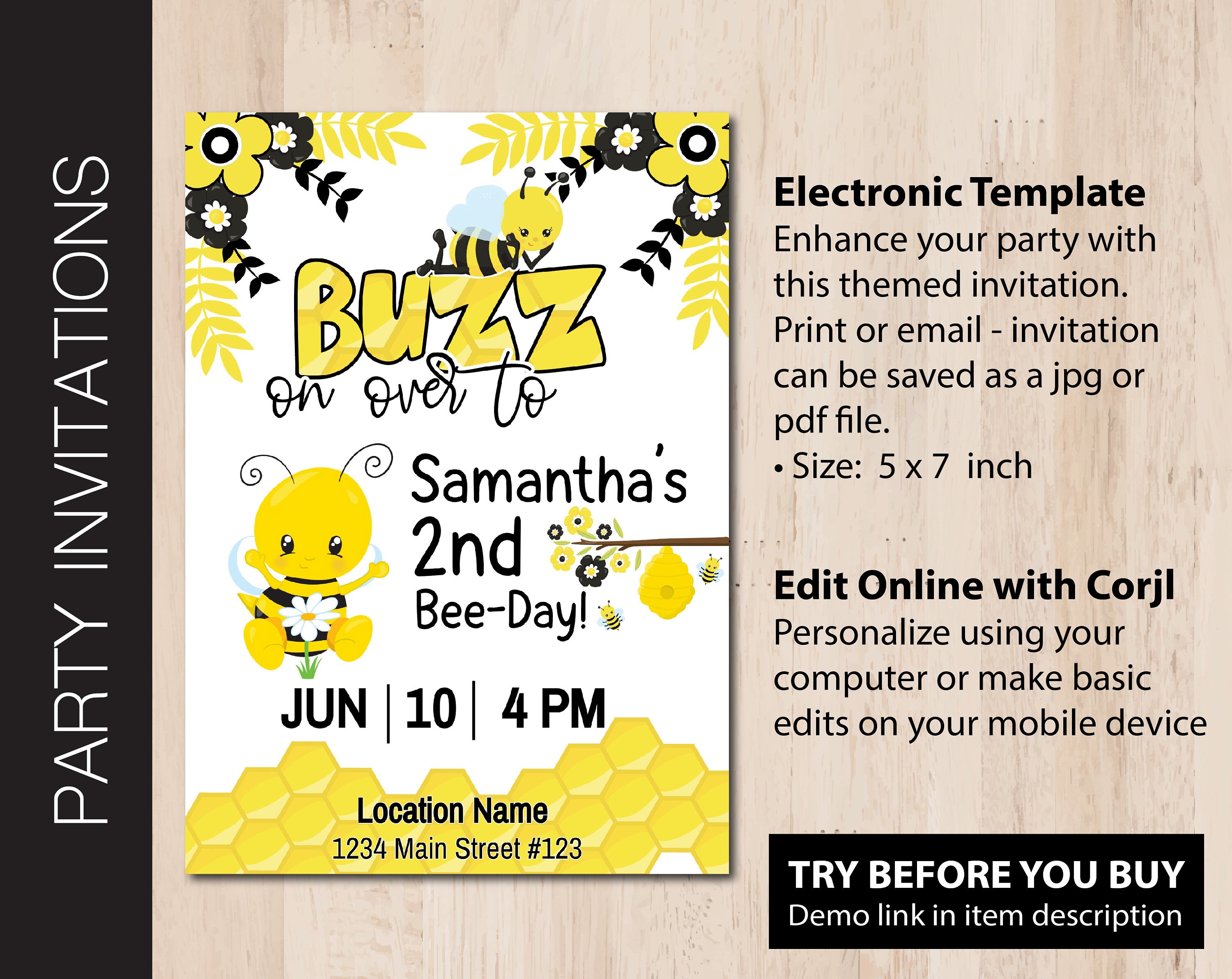 Editable BEE-DAY Party Invitation | Bee Theme Kids Party | Honey Bee ...