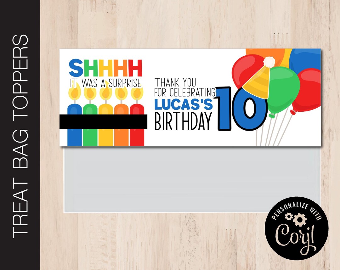 Editable SURPRISE Birthday Treat Bag Topper | Candy Bag | Goodie Bag ...