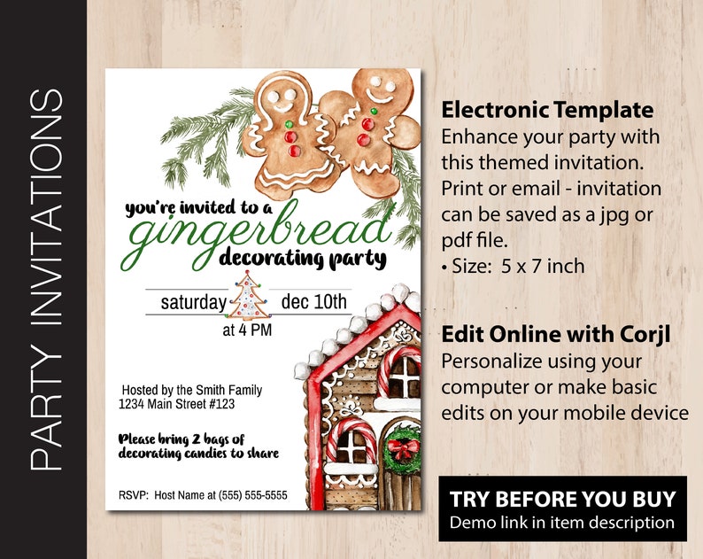 Editable GINGERBREAD DECORATING Party Invitation | Christmas Party ...