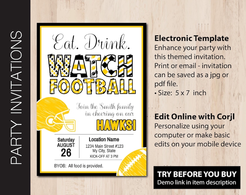 Editable FOOTBALL WATCH Party Invitation | Black & Gold Game Day ...