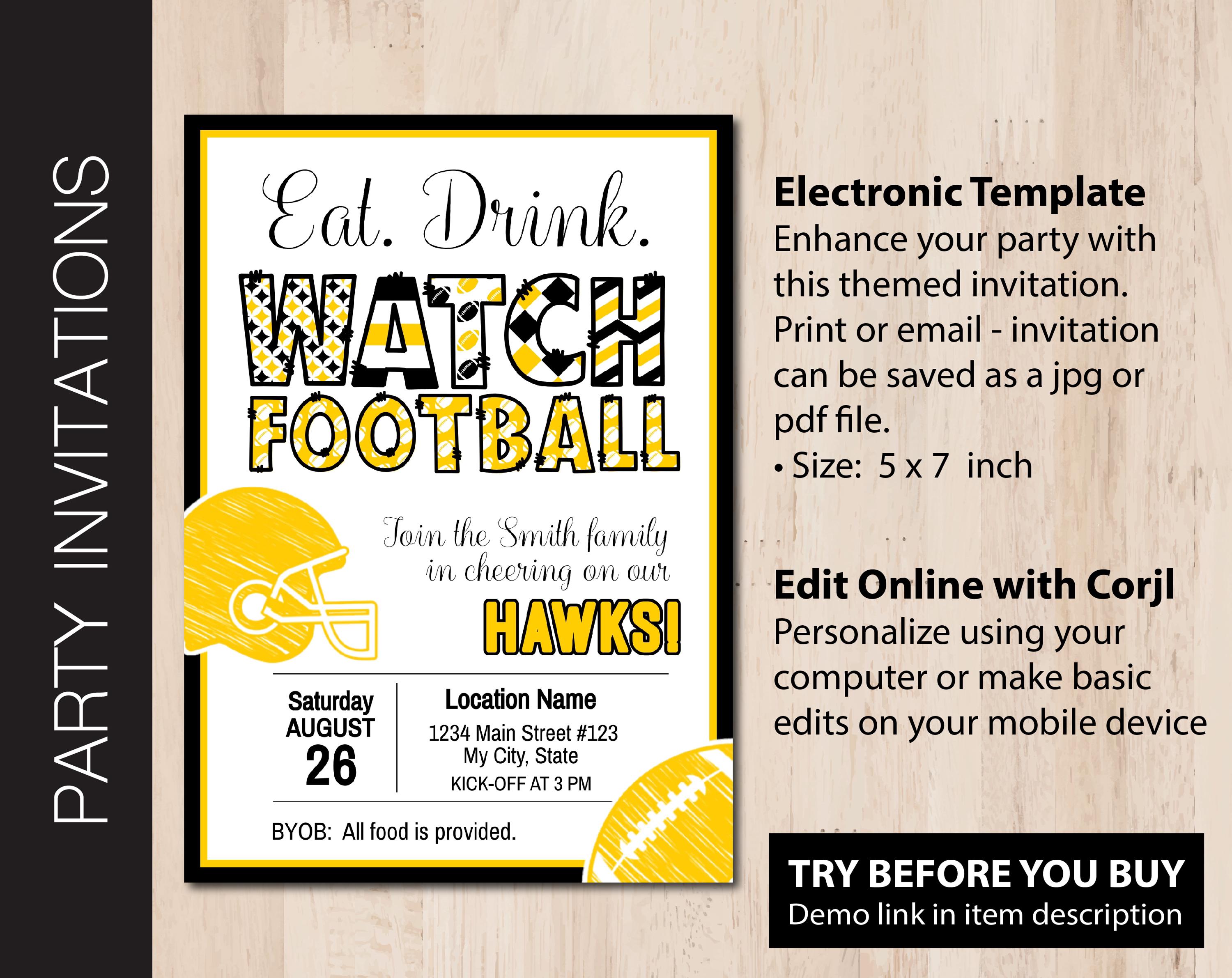 Editable FOOTBALL WATCH Party Invitation | Black & Gold Game Day ...