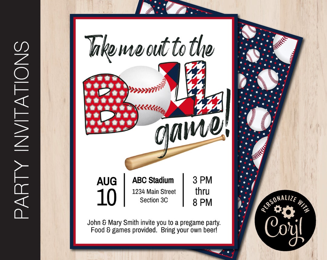 Editable TAILGATE Party Invitation Game Day Baseball Invite Red Blue ...