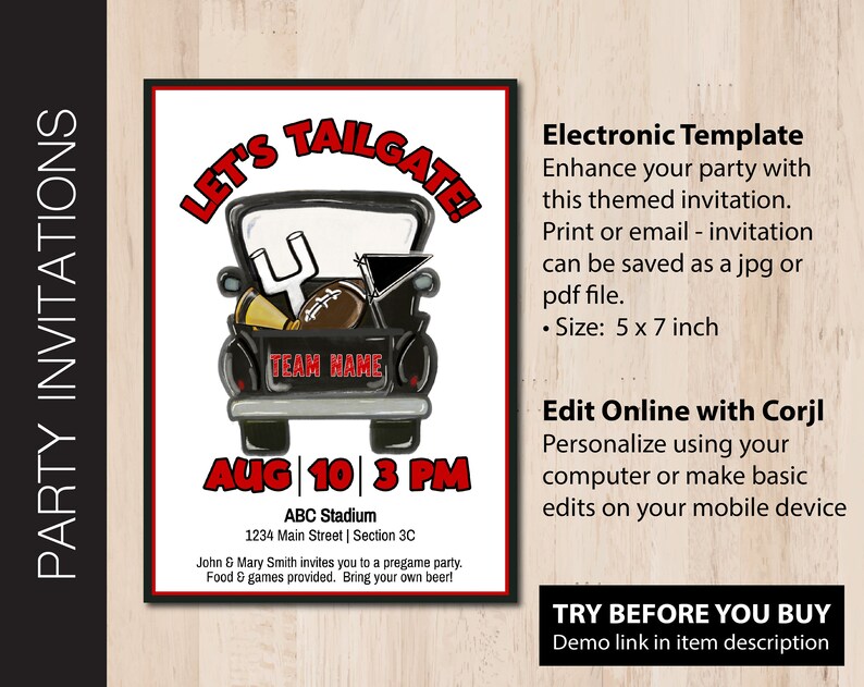 Editable TAILGATE Party Invitation | Game Day | Football Invite | Black ...