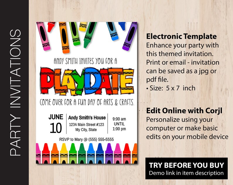 Editable PLAYDATE Invitation Crayons Schools Out Arts & Crafts Print or ...