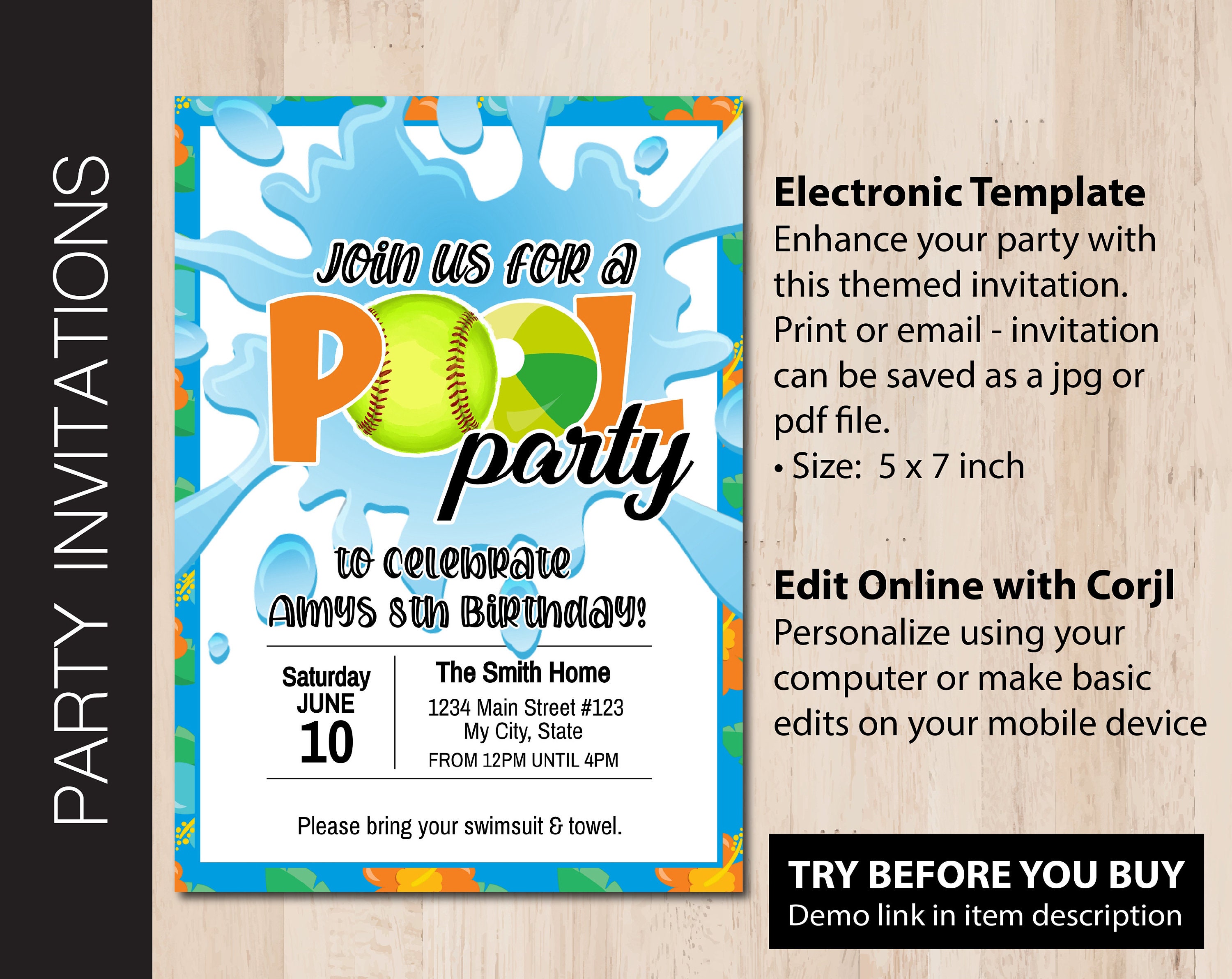 Editable SOFTBALL Themed Pool Party Invitation | Softball Party Invite ...