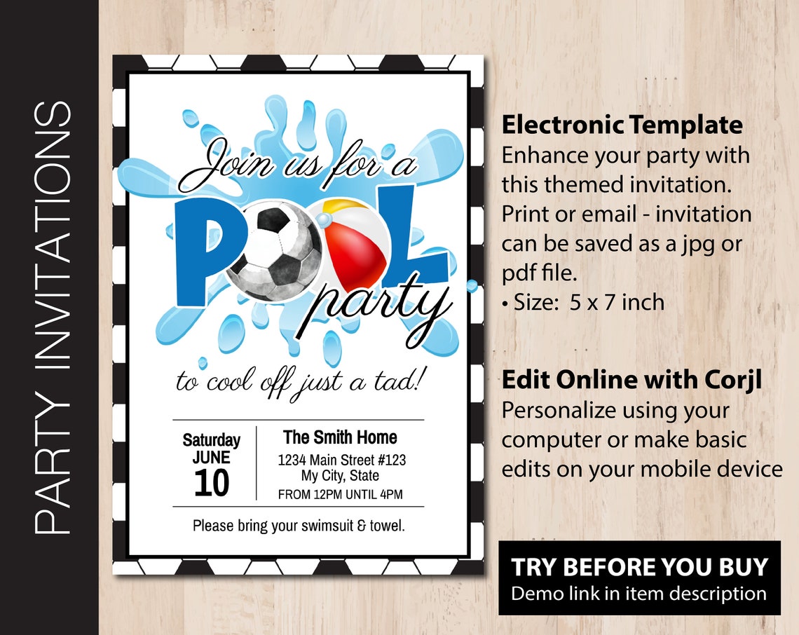 Editable SOCCER Themed Pool Party Invitation | Soccer Party Invite ...