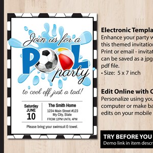 Editable SOCCER Themed Pool Party Invitation | Soccer Party Invite ...