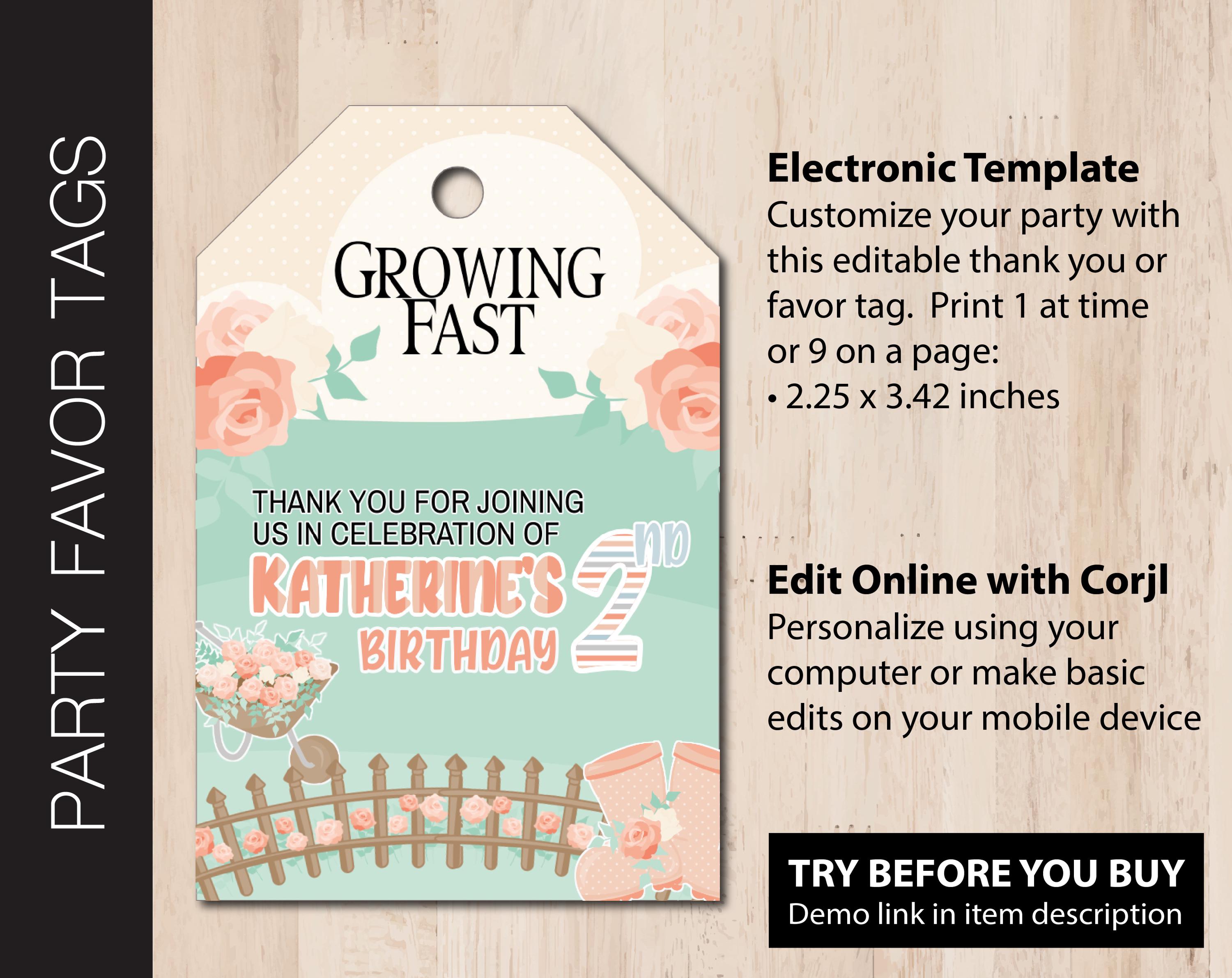 Printable GROWING Party Favor Tags | Party Gift Tag | Goodie Bag Tag ...