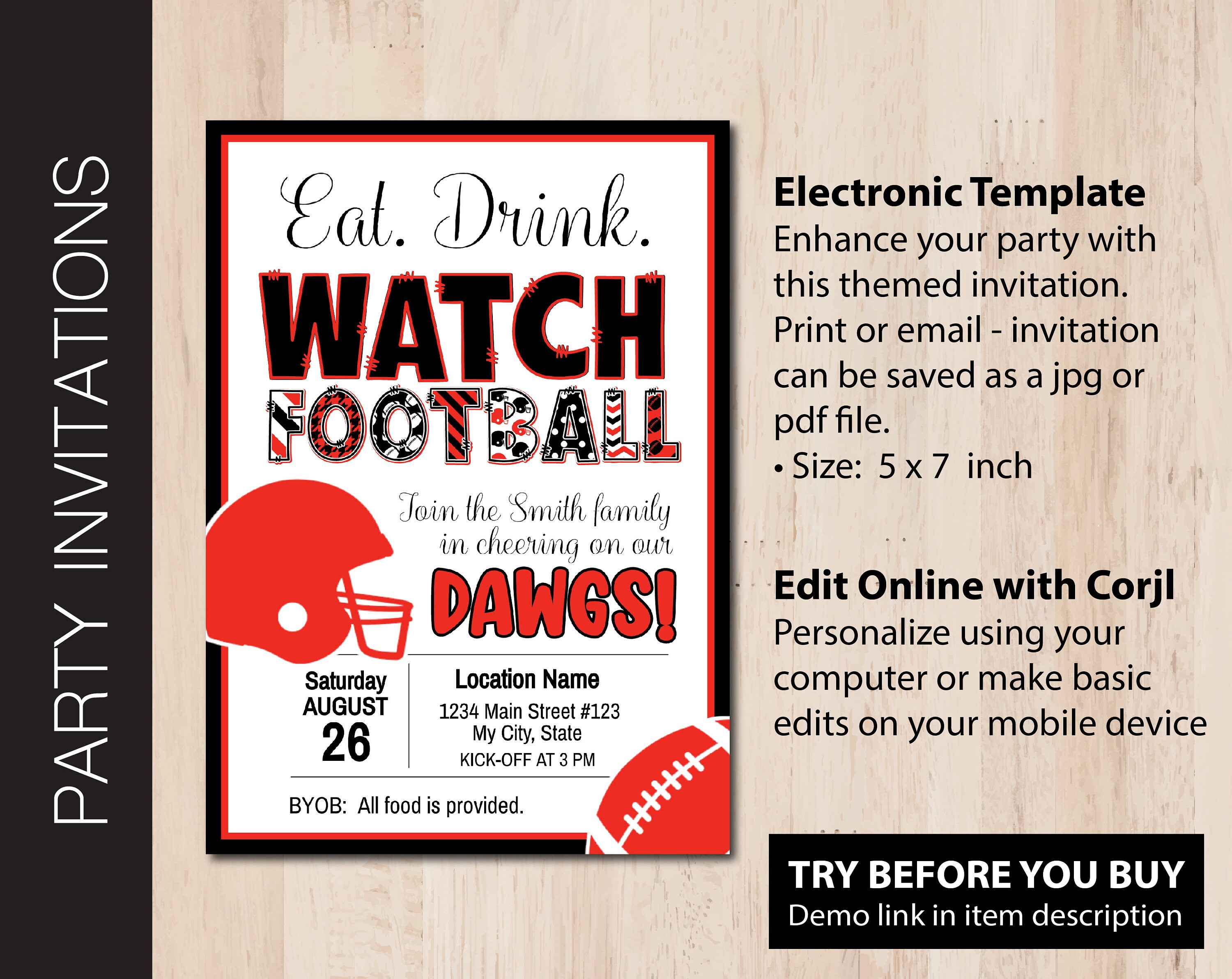 Editable FOOTBALL WATCH Party Invitation | Bulldog Red & Arch Black ...
