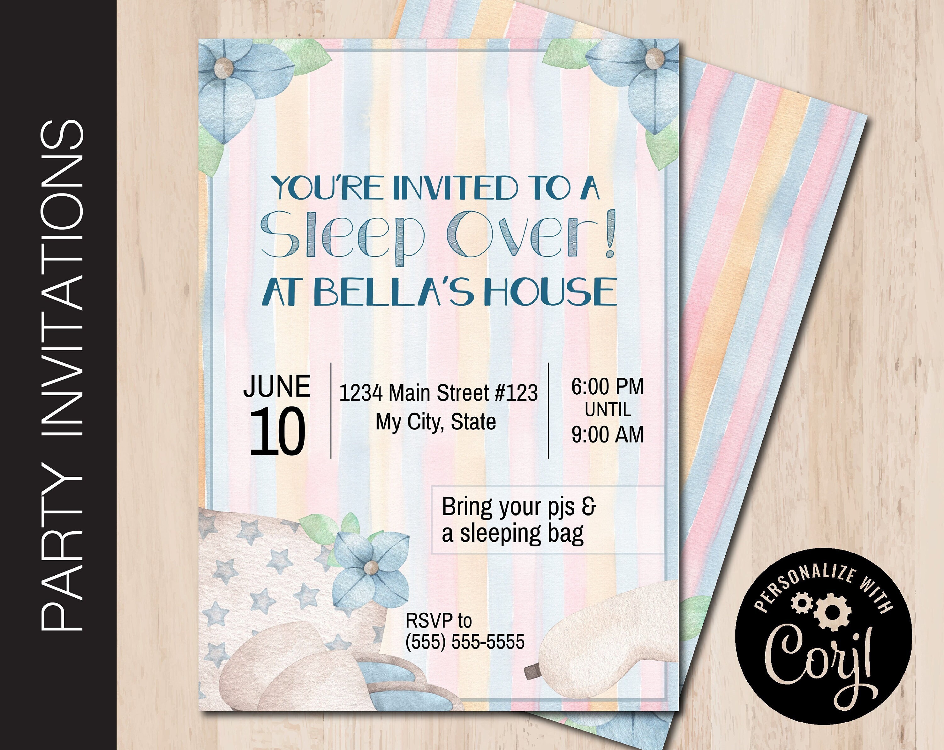 Editable SLEEP OVER Party Invitation | Slumber Party Invite | PJ Party ...