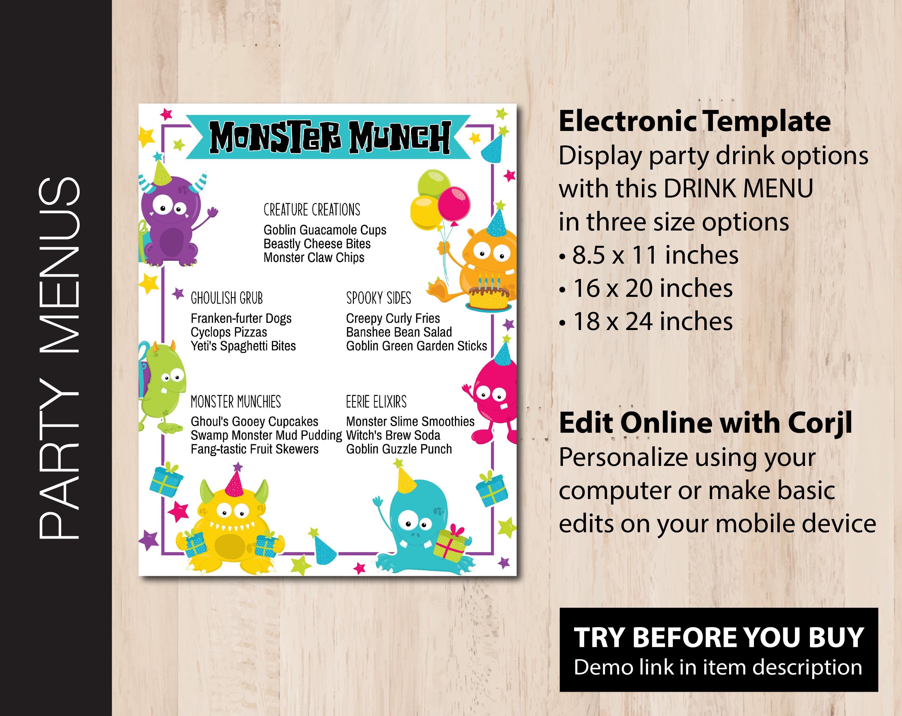 Editable MONSTER Party Menu | Food Menu | Drink Sign | Concessions ...