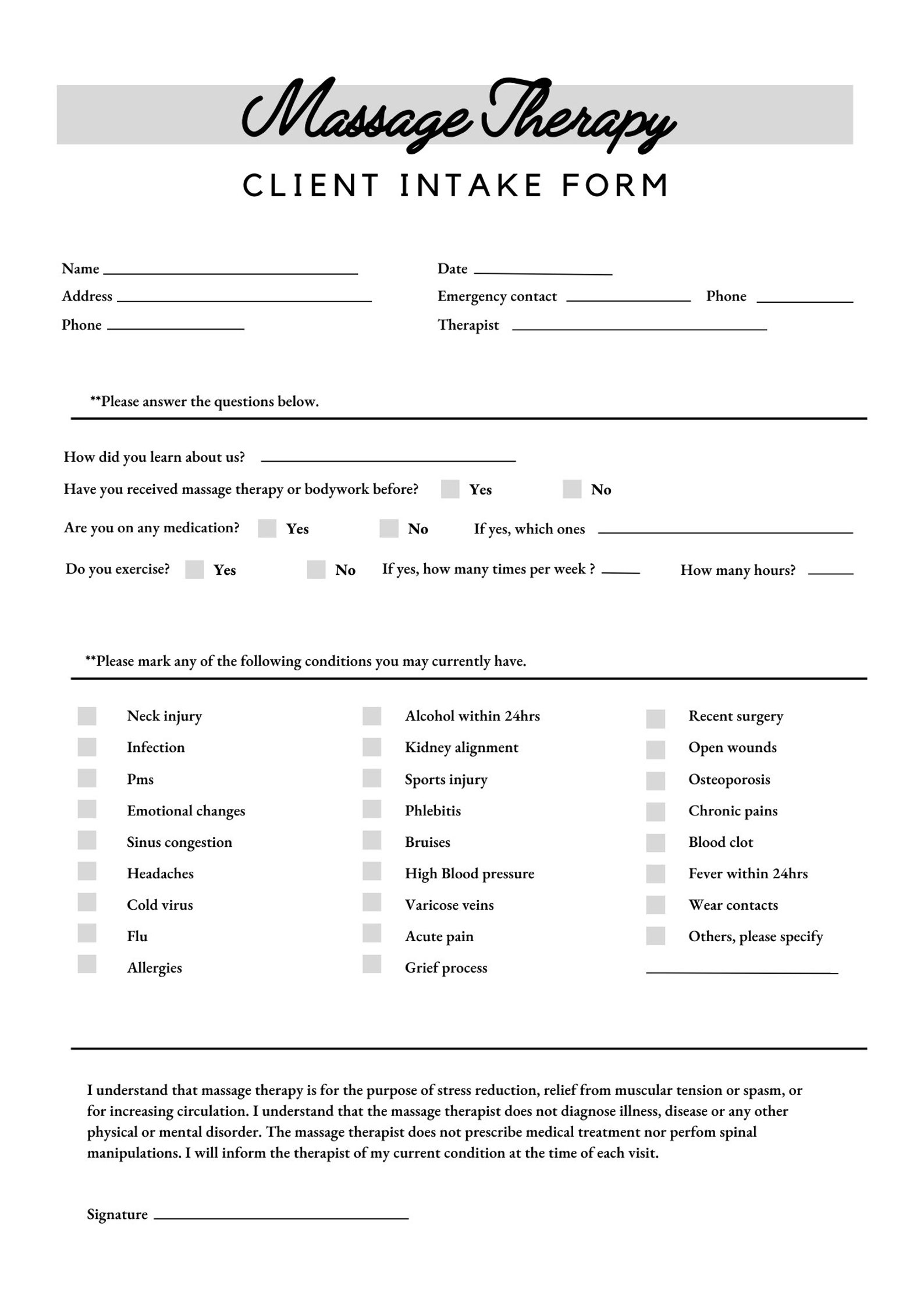 Massage Therapy Form, Printable Forms - Etsy