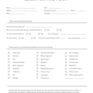 Massage Therapy Form, Printable Forms - Etsy