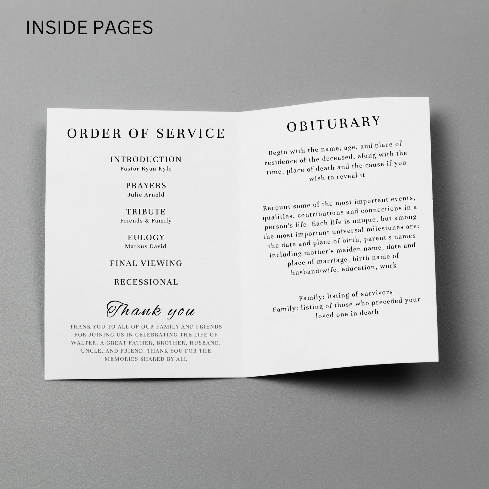 Funeral Program Template, Printable Funeral Memorial Program, Order of ...