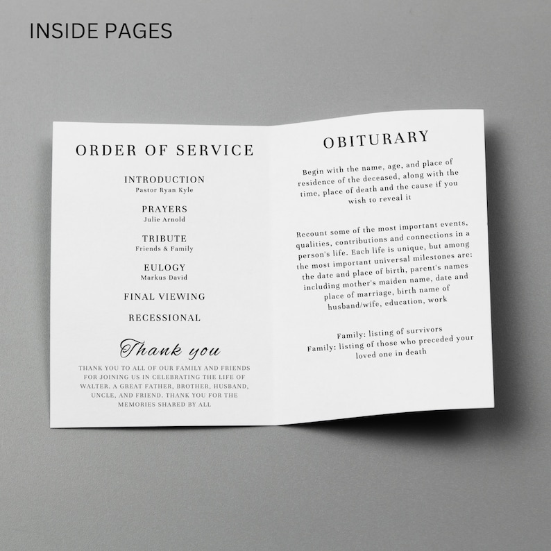 Funeral Program Template, Printable Funeral Memorial Program, Order of ...