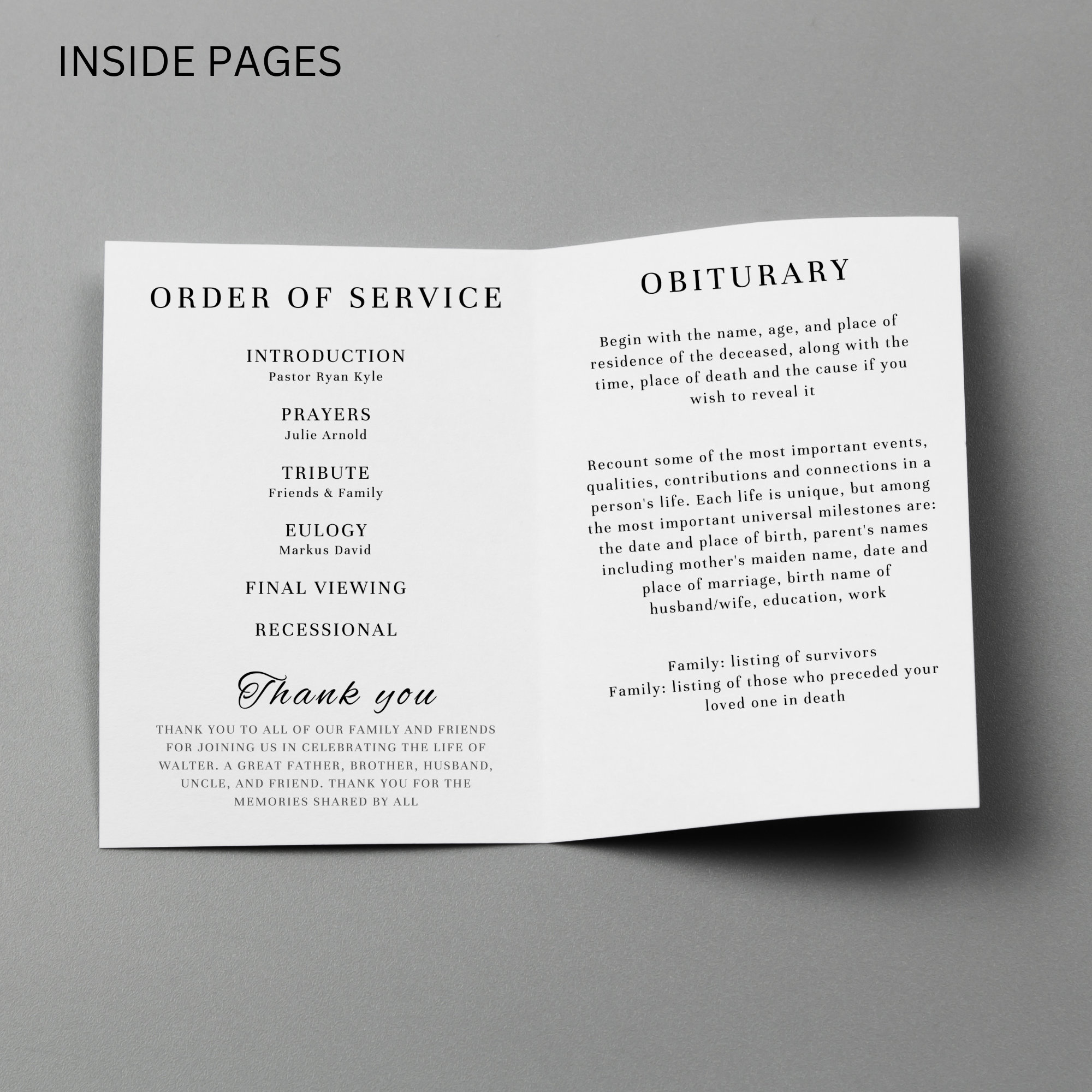 Funeral Program Template, Printable Funeral Memorial Program, Order of ...