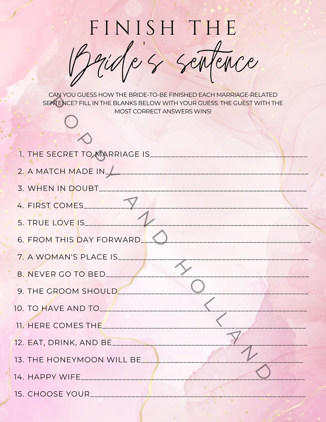 Bridal Shower Game, Finish the Bride's Sentence, Instant Download ...