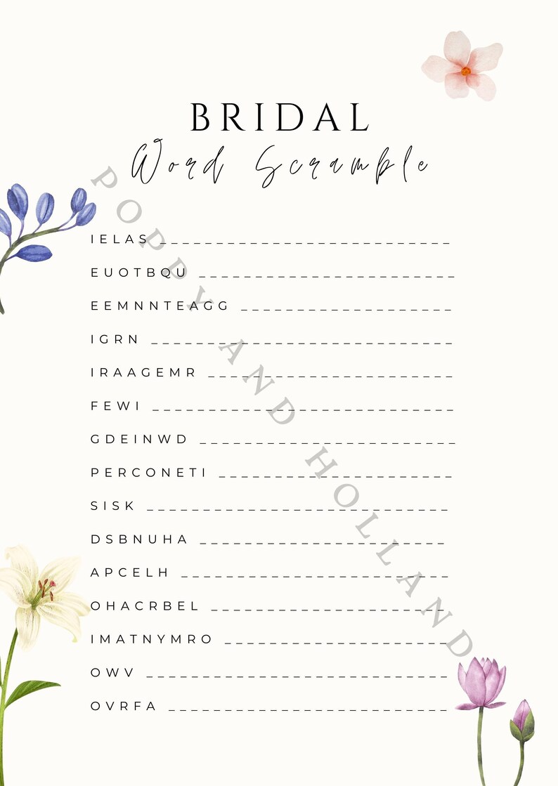 Bridal Shower Game, Bridal Word Scramble, Instant Download, Minimalist ...