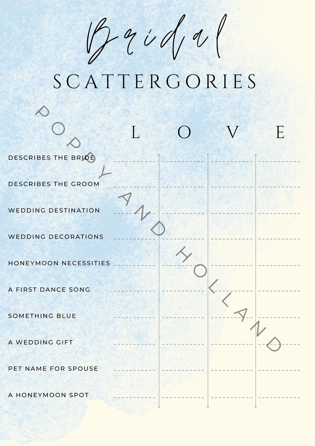 Bridal Shower Game, Bridal Scattergories Instant Download, Watercolor ...