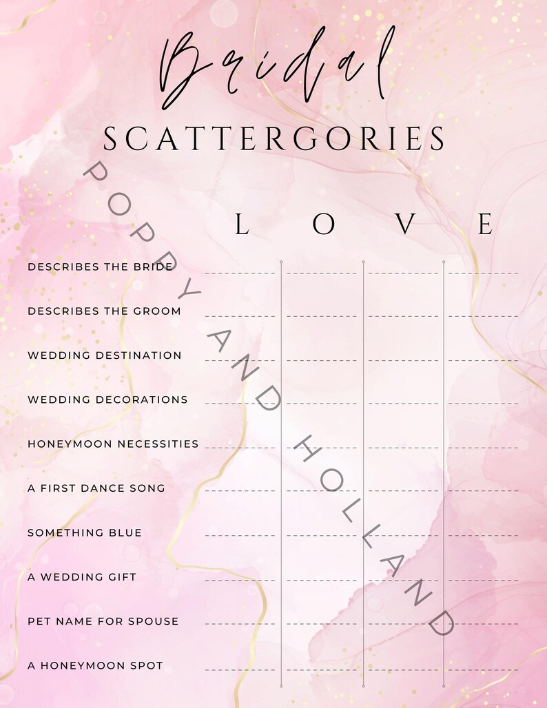 Bridal Shower Game, Bridal Scattergories, Instant Download, Minimalist ...