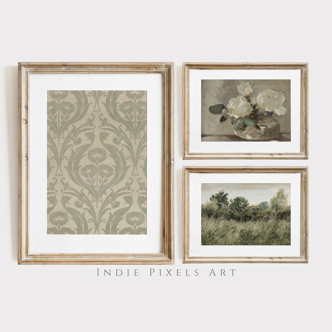 Neutral Cottage Gallery Wall Set of 3 Vintage Prints | Sage Green ...