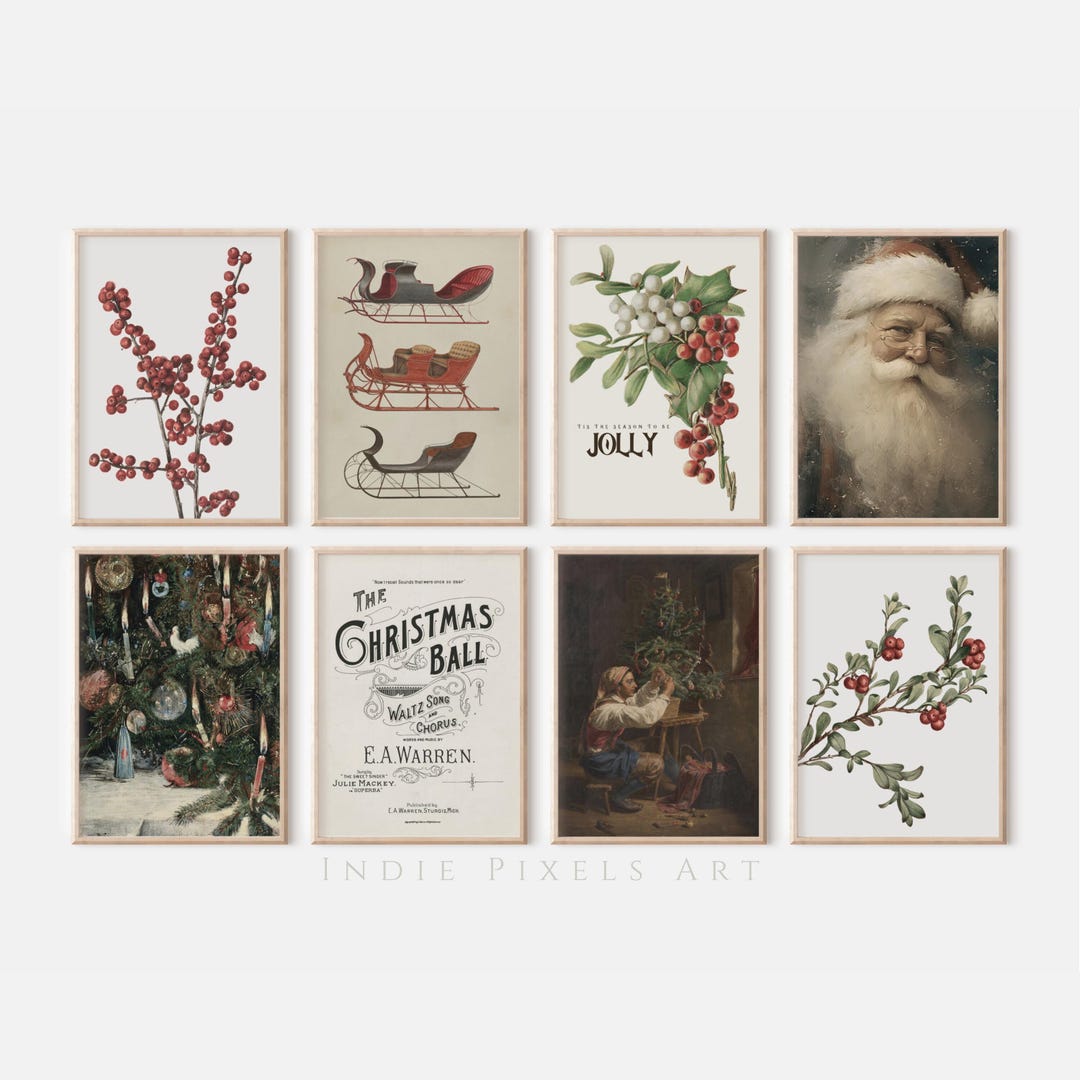 Christmas Digital Prints Gallery Wall Set Santa Sleigh Christmas Tree ...