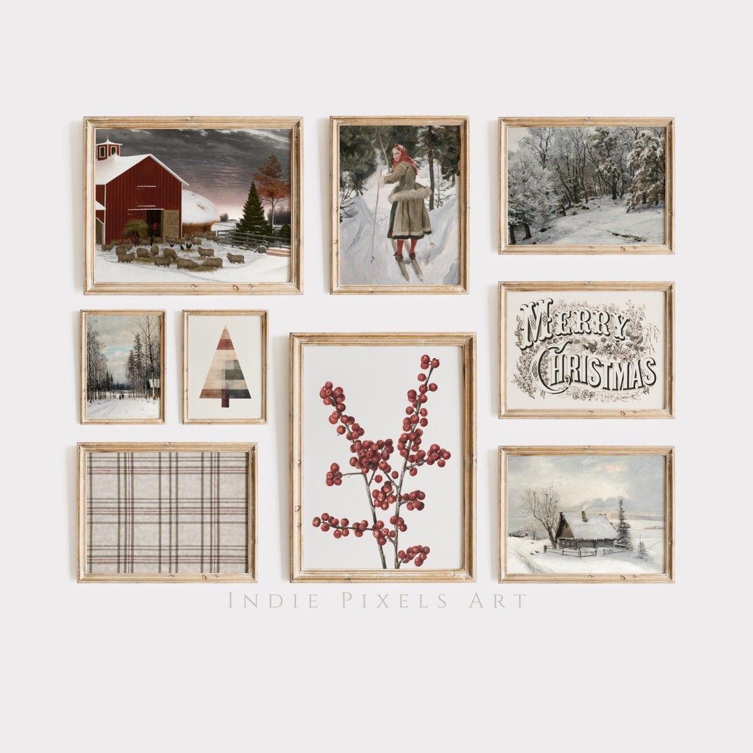 Vintage Christmas Prints Gallery Set of 9 Rustic Red Country Farmhouse ...