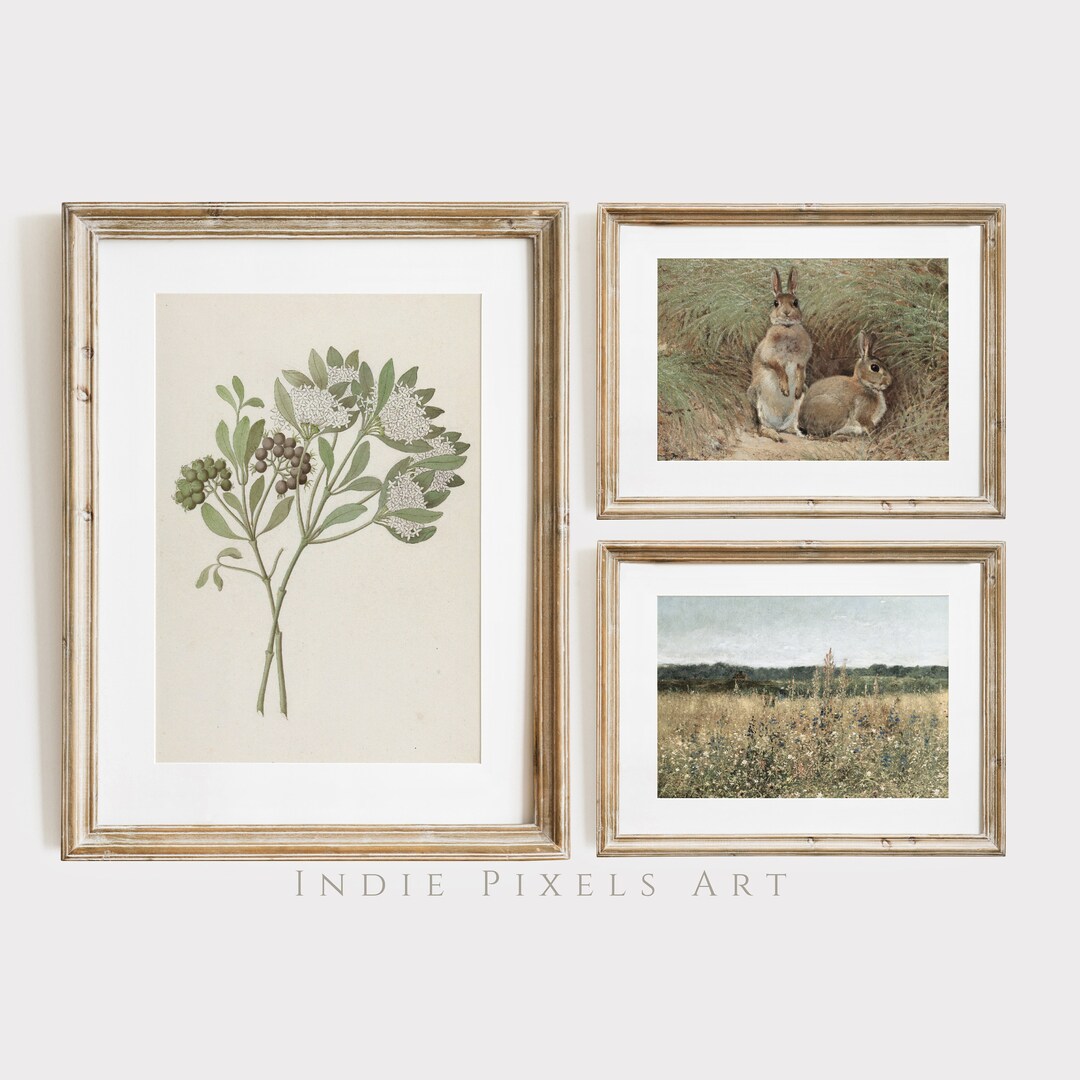 Vintage Farmhouse Spring Decor Rabbit Landscape Botanical Painting Set ...