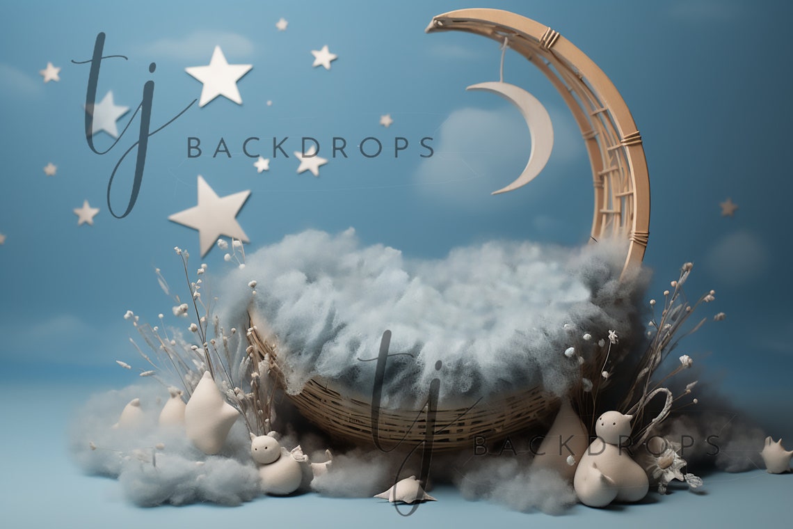 Newborn Digital Cozy Moon Cradle Backdrop, Blue Minimalist Digital ...