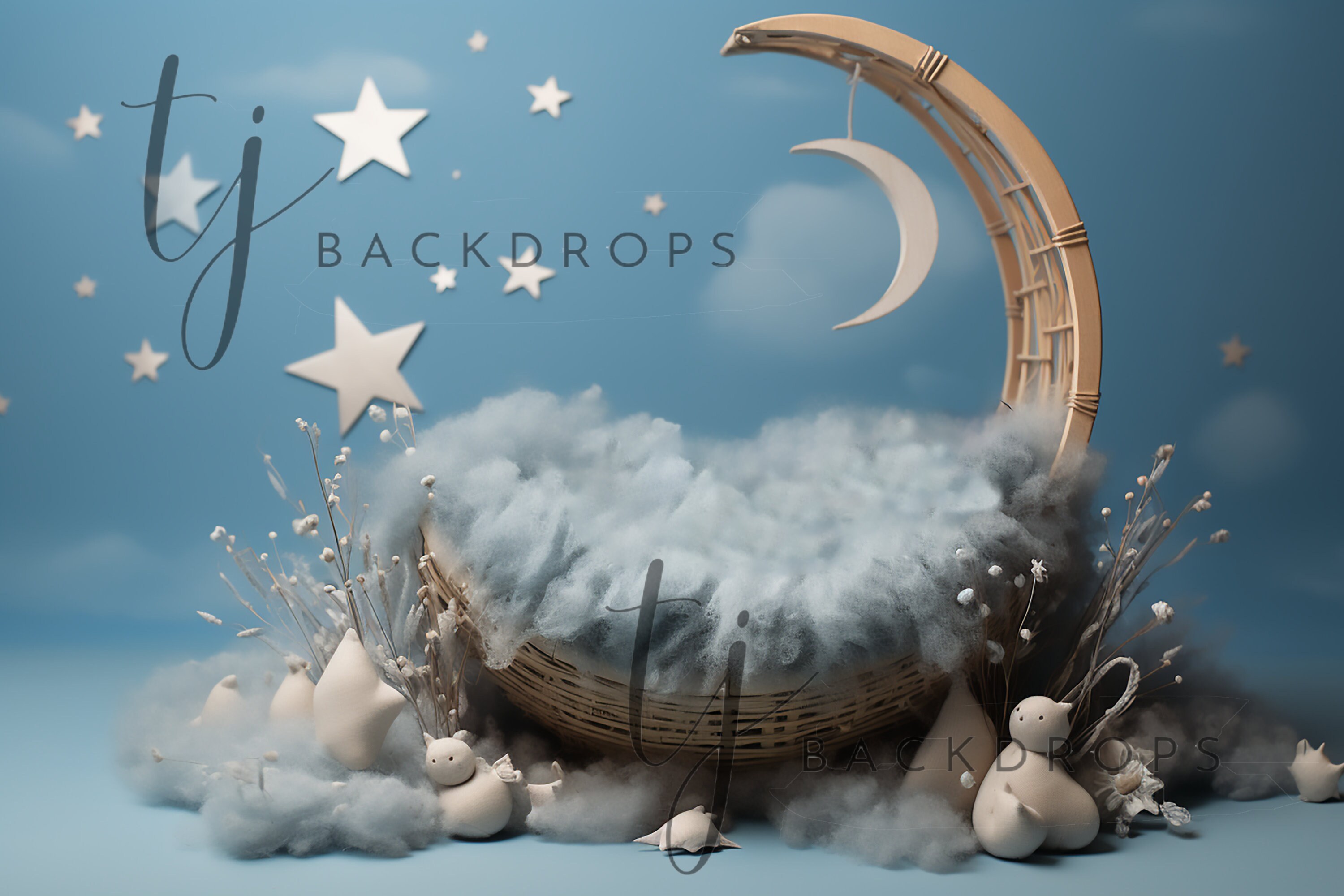 Newborn Digital Cozy Moon Cradle Backdrop, Blue Minimalist Digital ...