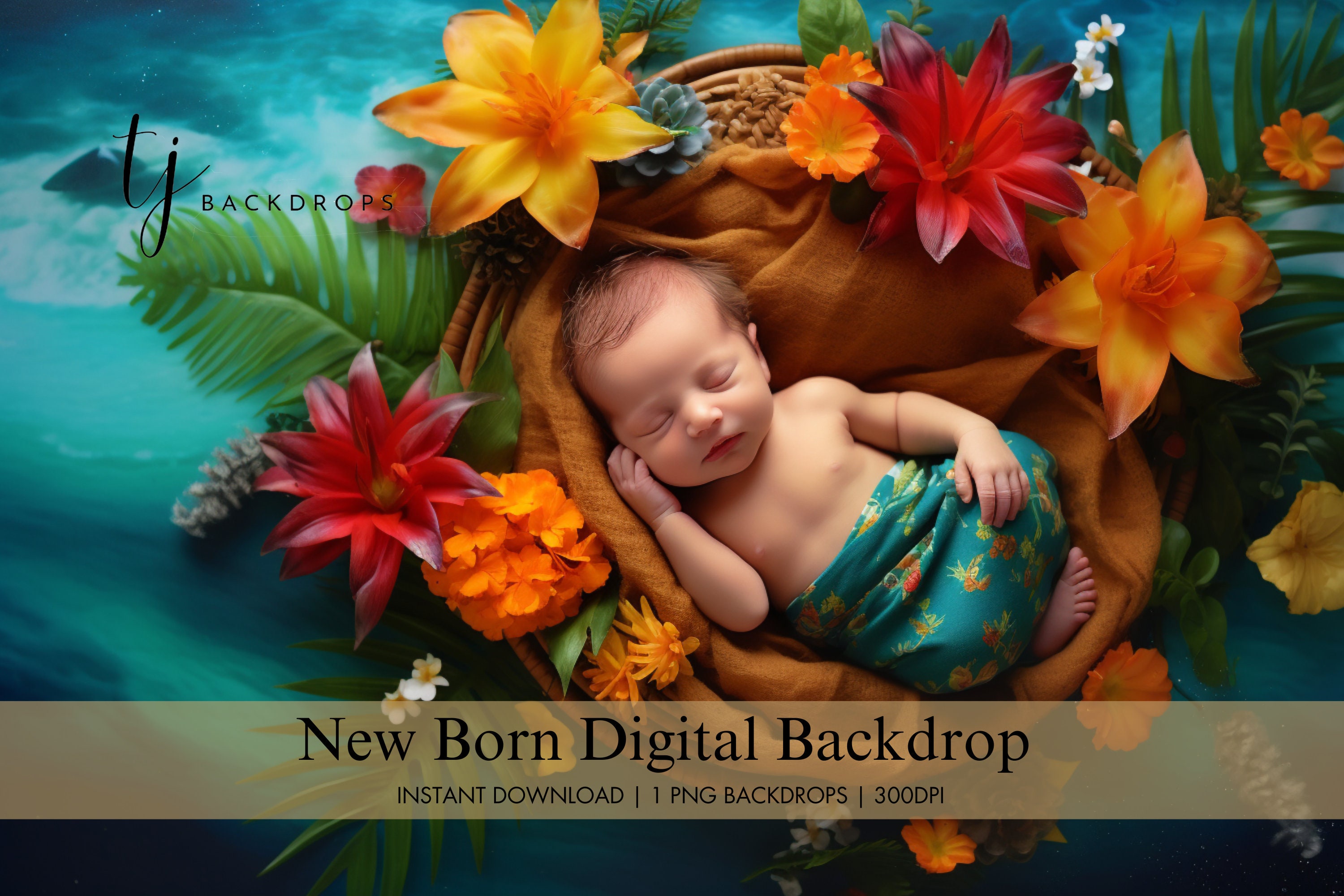 Newborn Hawaiian Digital Backdrop, Tropical Floral Background, Ocean ...