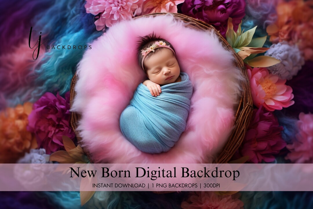 Newborn Colorful Rainbow Cozy Digital Backdrop, Pink Fur & Floral ...