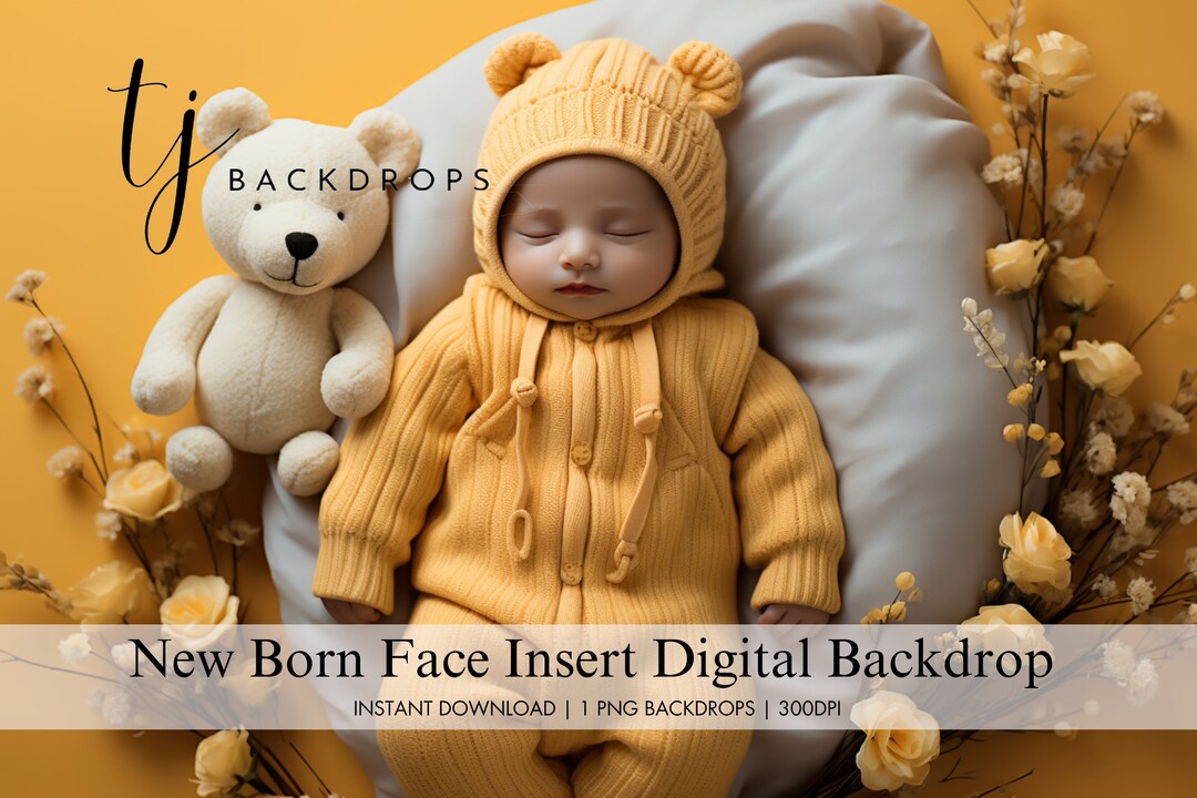 Newborn Digital Cozy Face Insert, Baby With Teddy Bear Digital ...