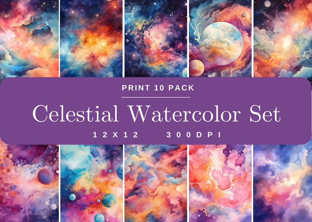 Celestial Watercolor 10 Pack Patterns, Digital Paper, Space ...
