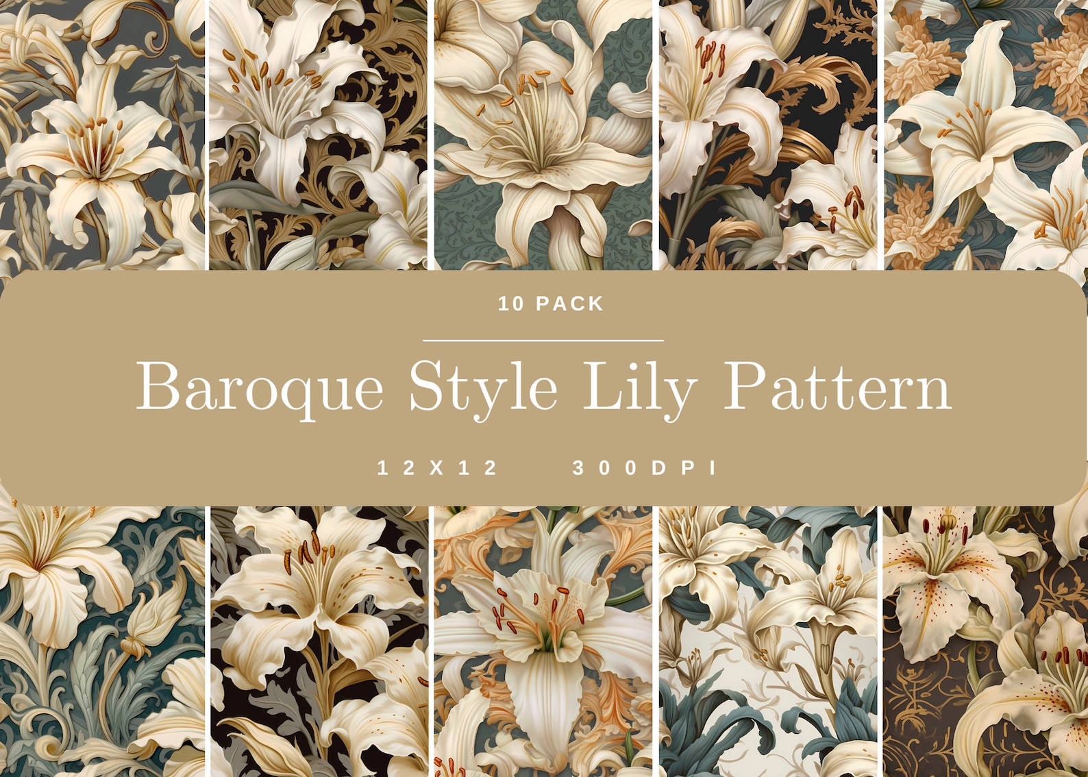 Baroque Style Lily 10 Pack Patterns, Digital Paper, Seamless Pattern ...