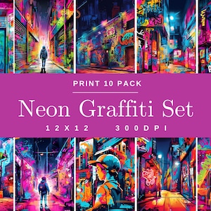 Neon Graffiti 10 Pack Patterns, Digital Paper, Vibrant Scrapbooking ...