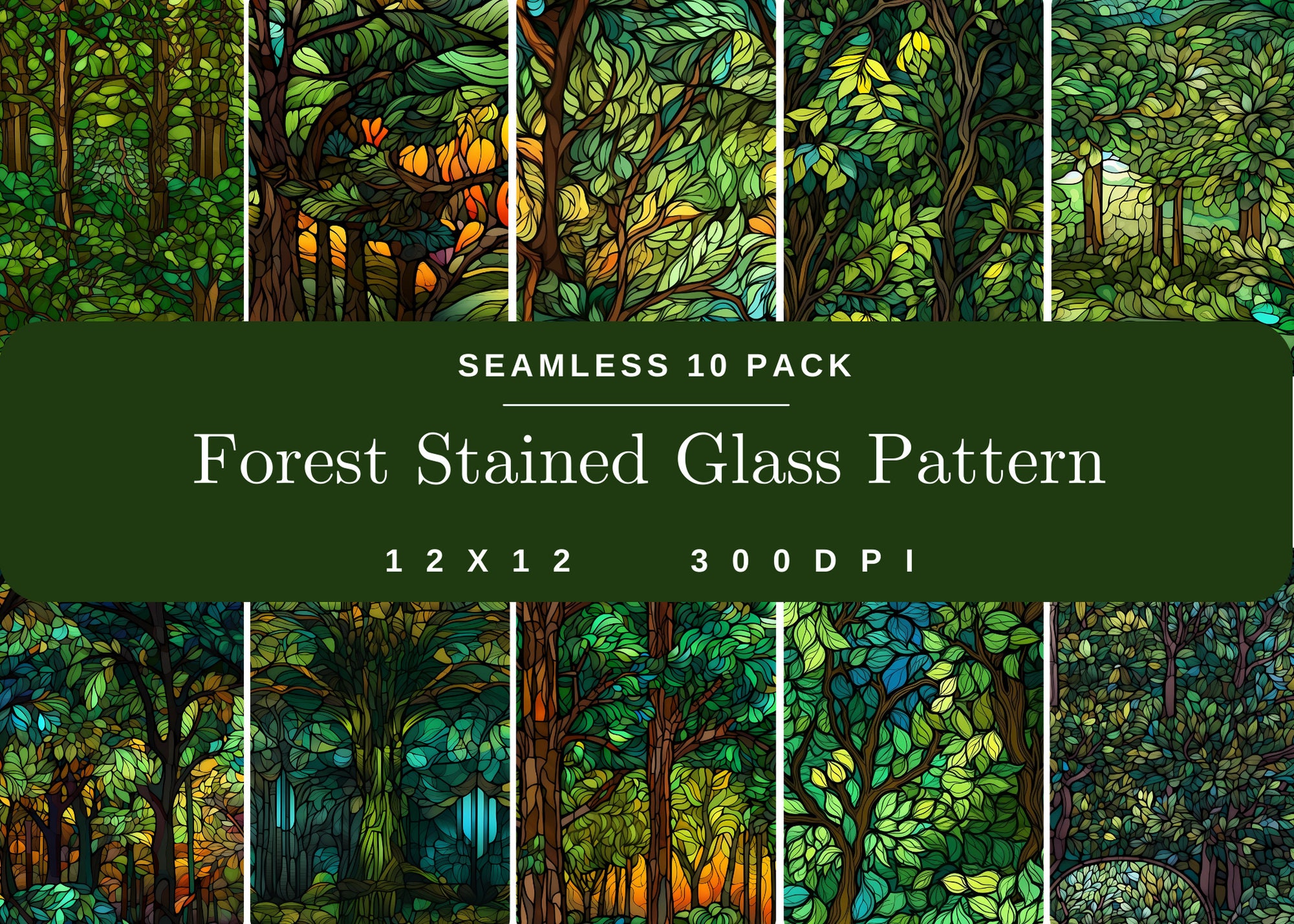 Forest Stained Glass 10 Pack Patterns, Digital Paper, Floral ...