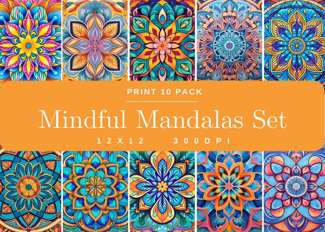 Mindful Mandalas 10 Pack Surface Design Patterns Digital Paper, Bright ...