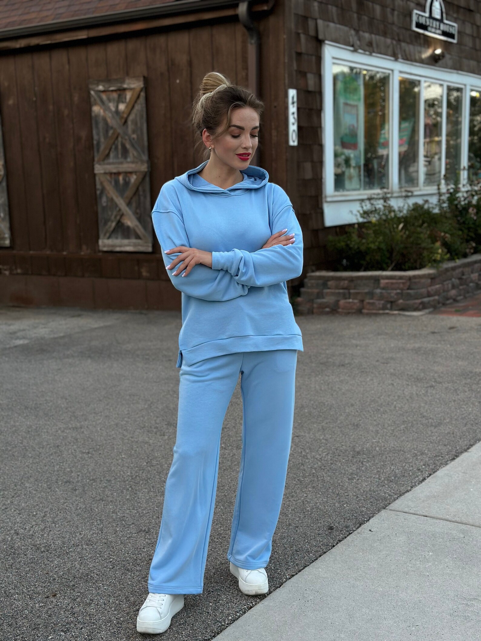 Baby Blue Oversize Cotton Two-piece Set, Lounge, Travel Hoodie and ...