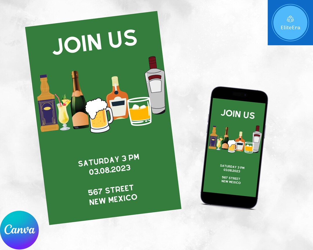 Digital İnvitation, Drink,time for Drinks,editable Template,birthday ...