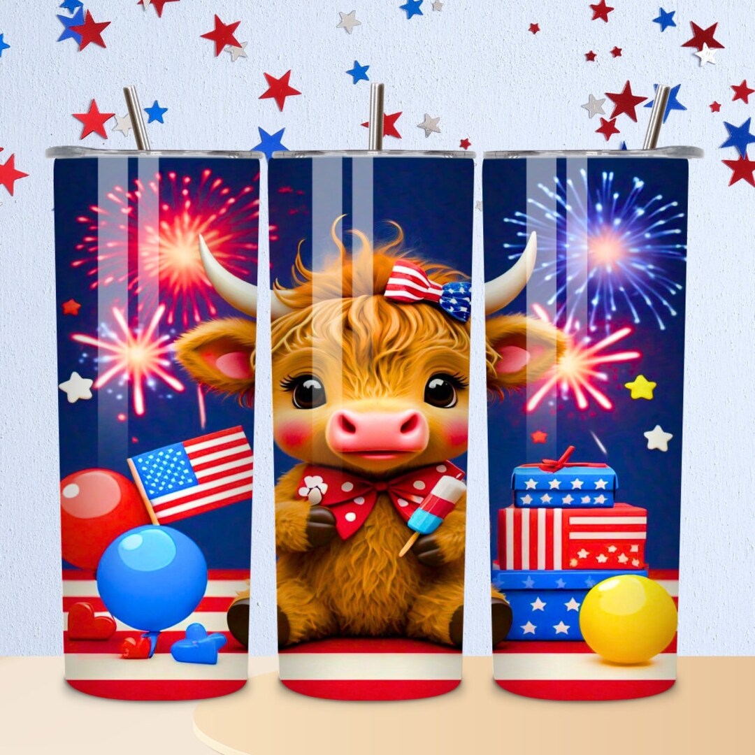 4th of July Highland Baby Cow Fireworks 20 Oz Skinny Tumbler ...