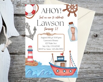 Nautical Birthday Invitation Template for Canva Ship Boat - Etsy
