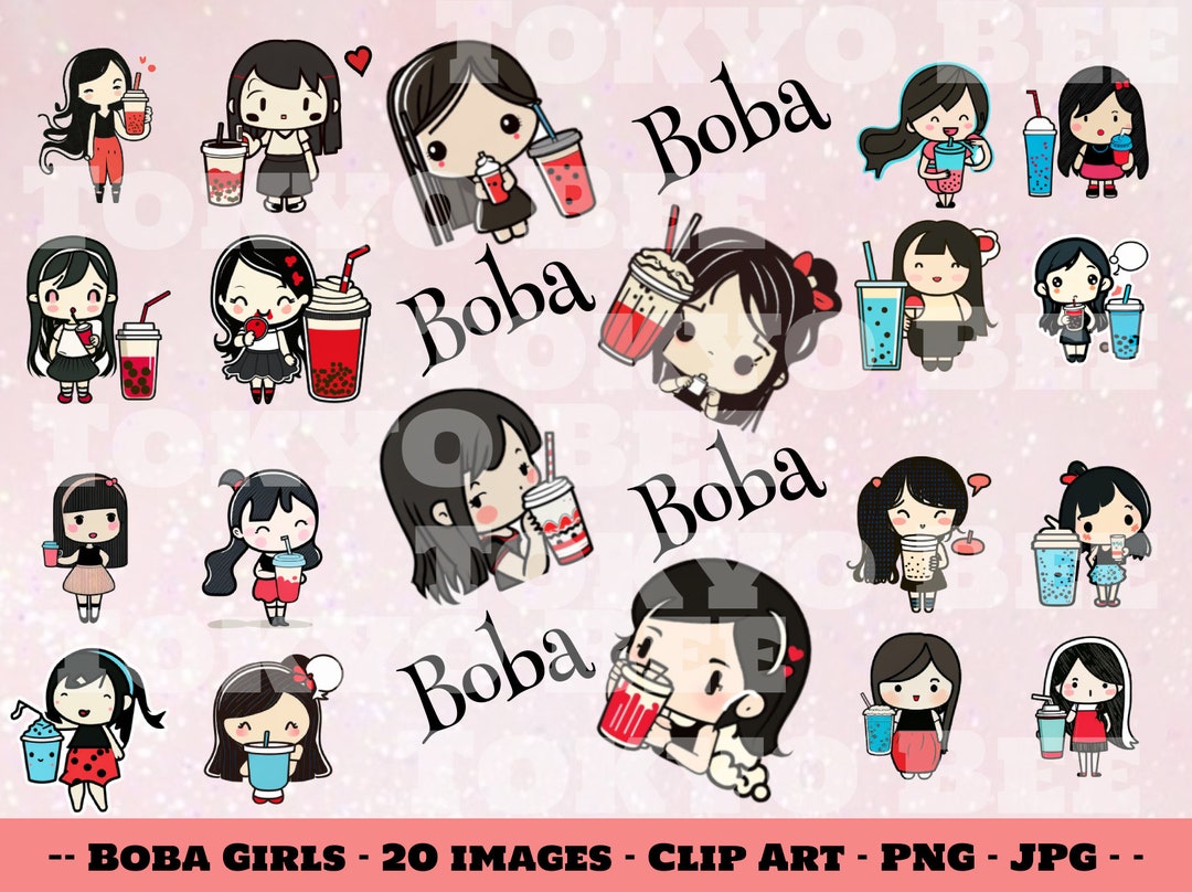 Kawaii Cute Girls Drinking Boba From Colorful Straws Clip Art PNG ...