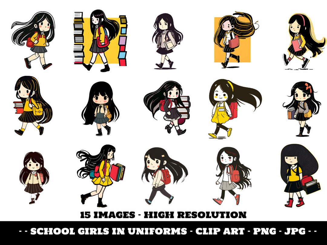 Kawaii School Girls in Uniform Art Set | 15 PNG and JPG Images ...